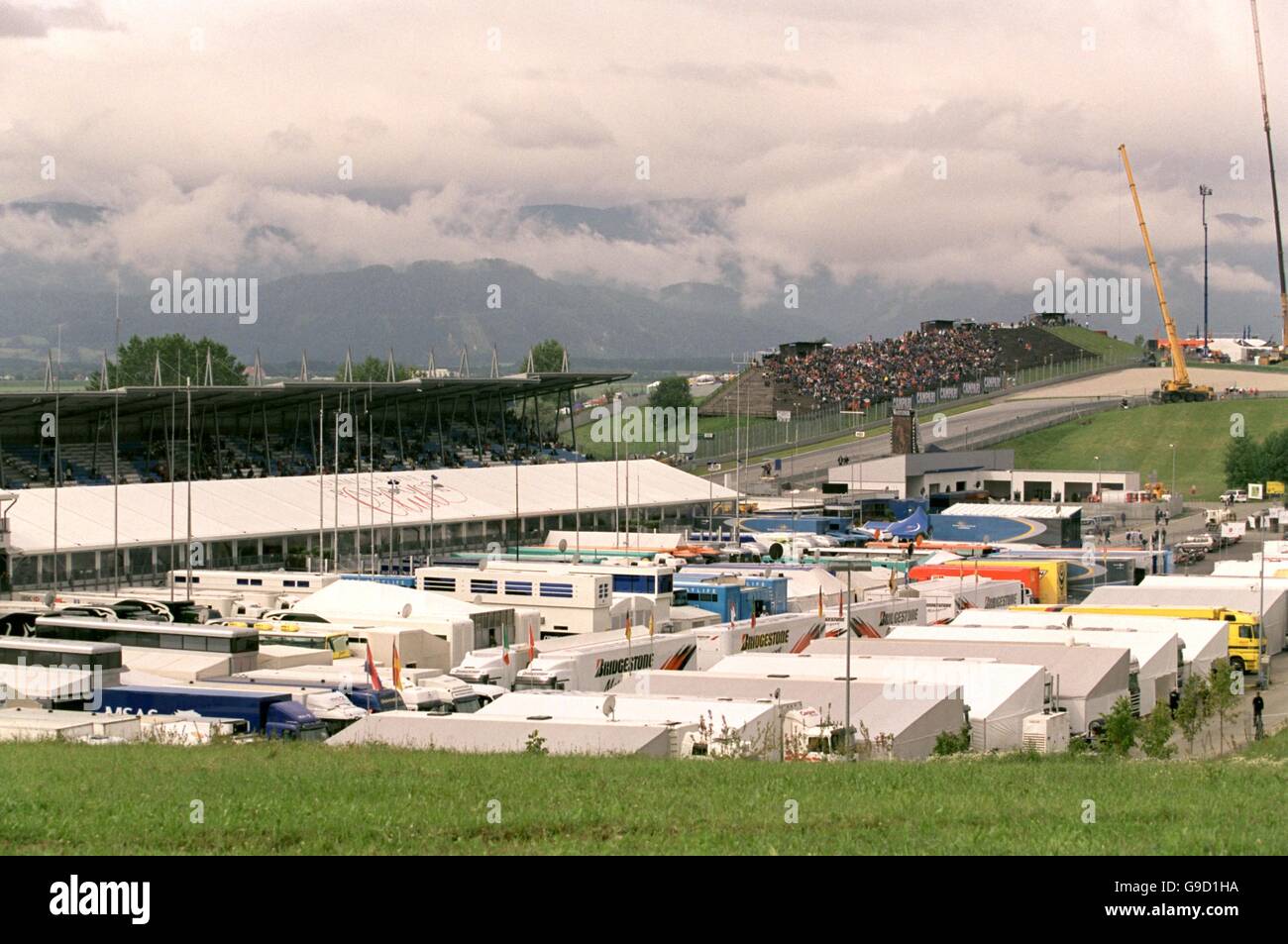 Gv aerial view paddock trucks buildings temporary f1 hi-res stock ...
