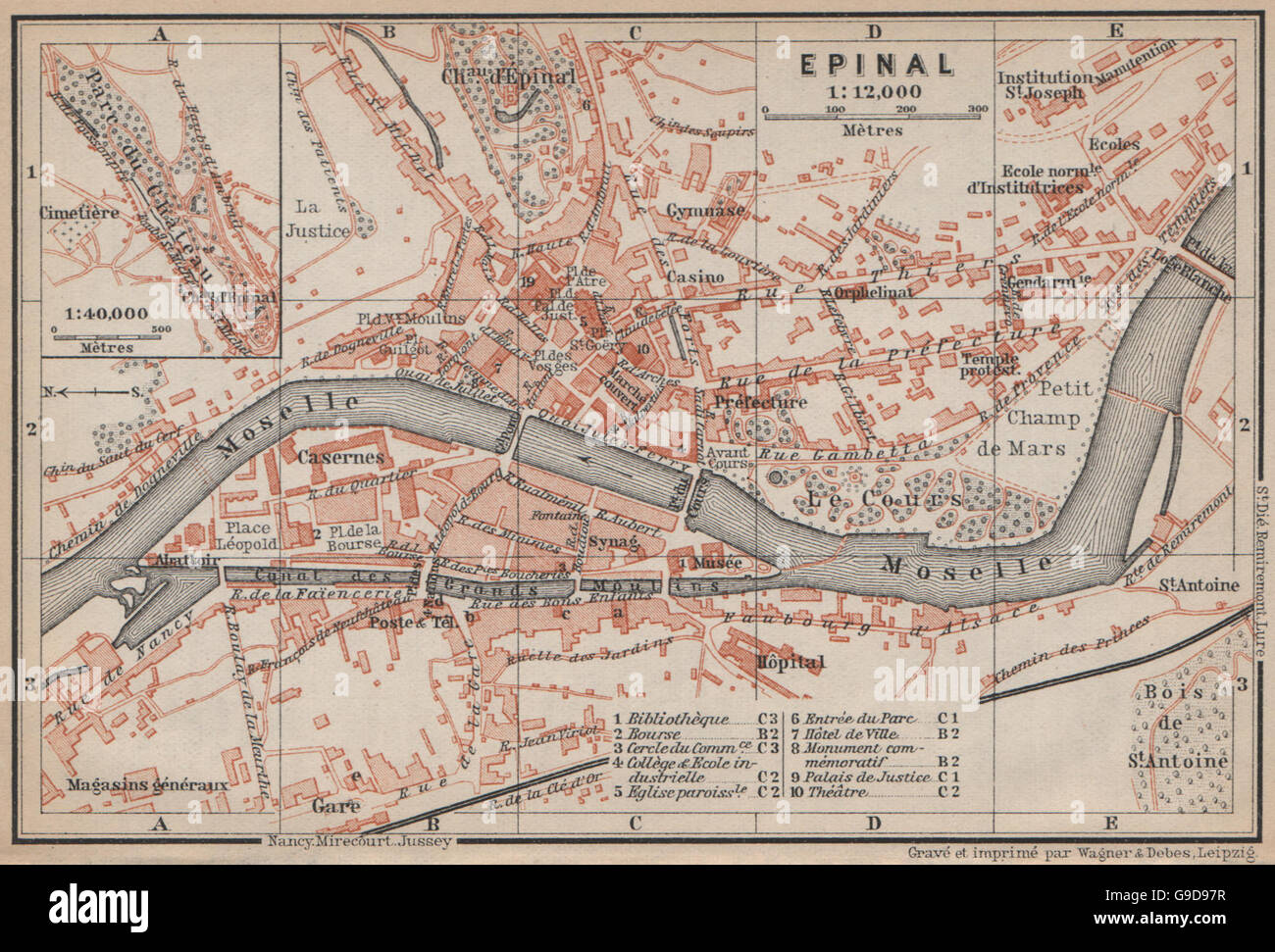 EPINAL antique town city plan de la ville. Vosges. Épinal carte, 1905 ...