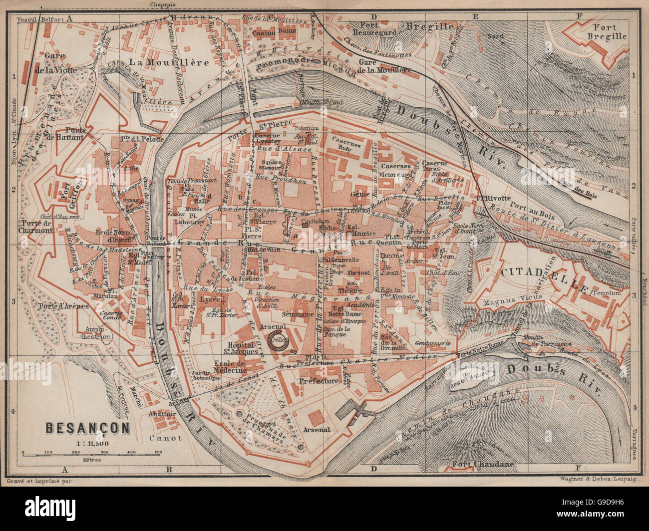 BESANÇON antique town city plan de la ville. Doubs carte. BAEDEKER ...