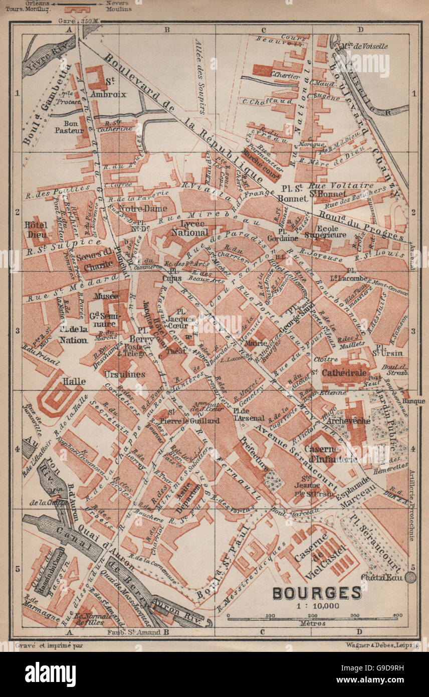BOURGES antique town city plan de la ville. Cher carte. BAEDEKER, 1905 ...
