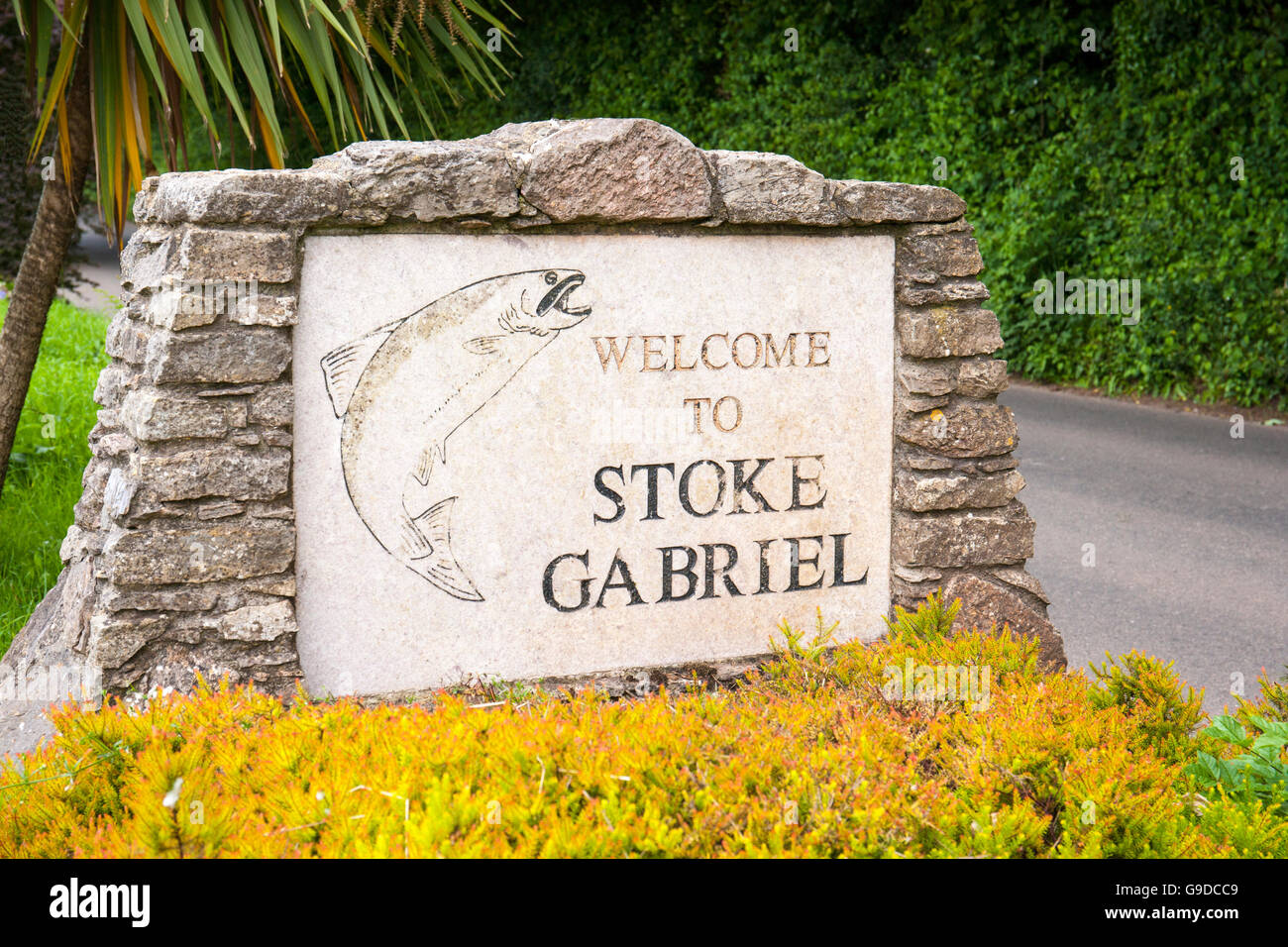 Welcome to Stoke Gabriel in Devon UK Stock Photo - Alamy