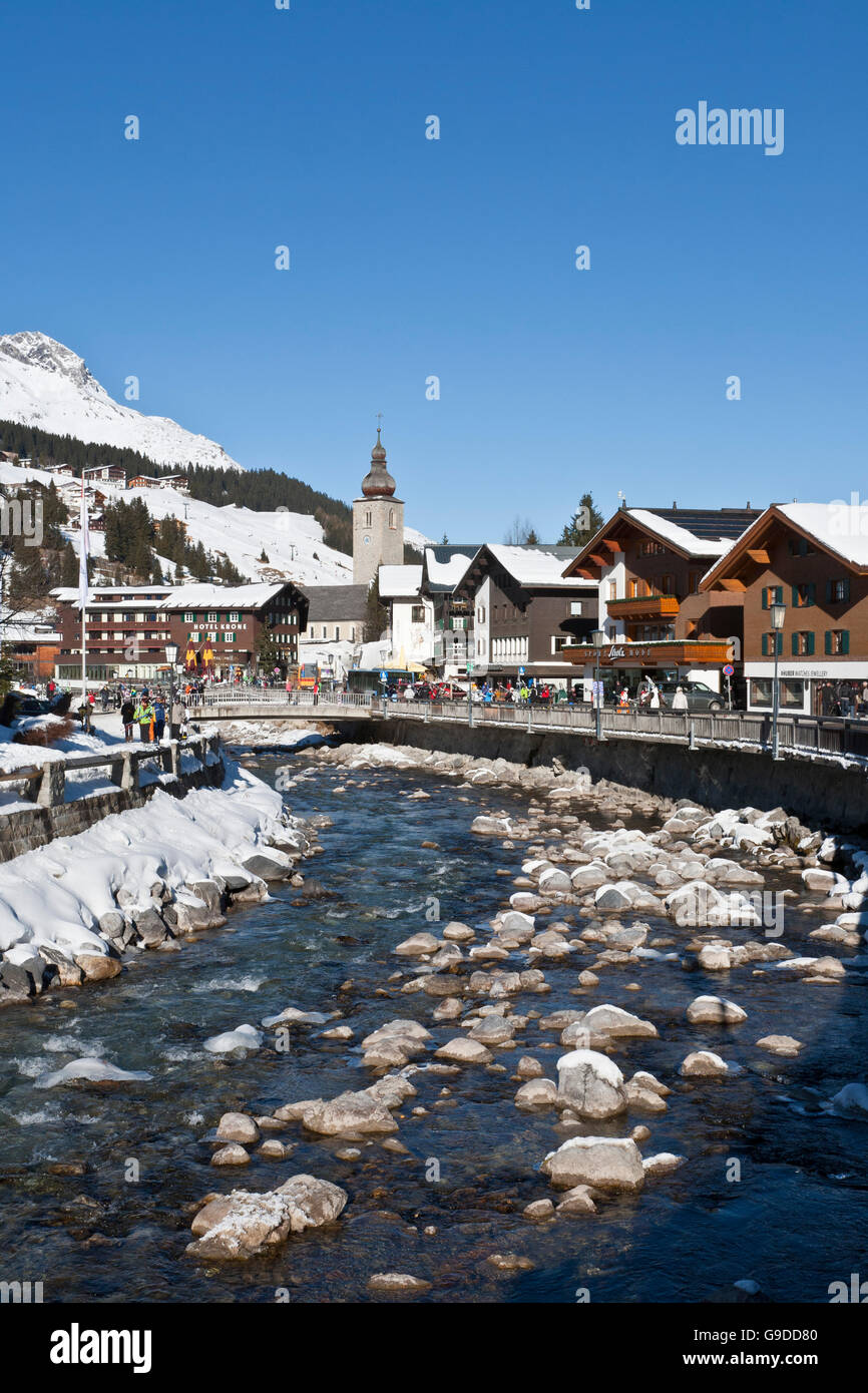 Shops and hotels in the town center, Lech River, Lech am Arlberg ...