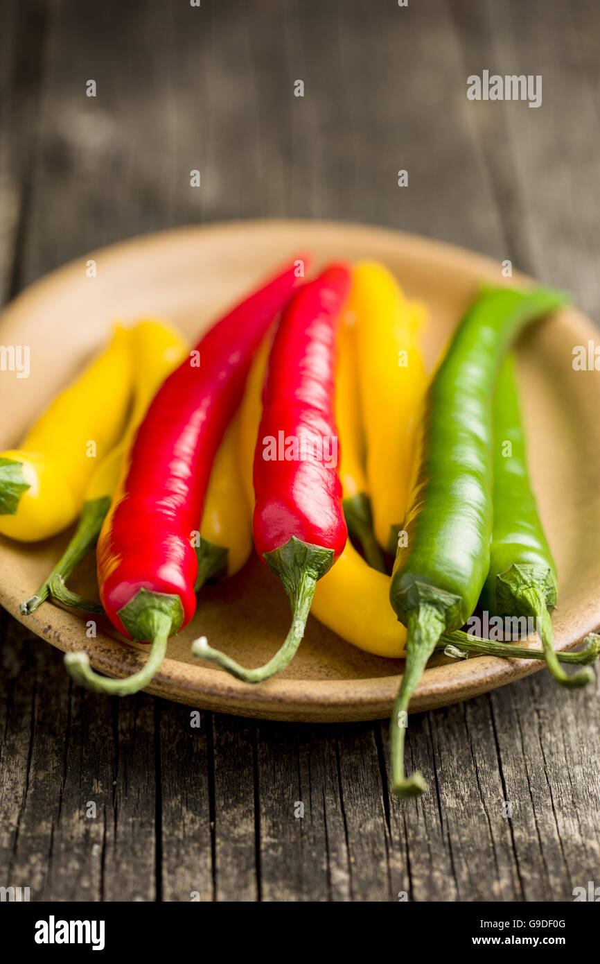 Different colors chilli peppers with knife and cutting board isolated ...