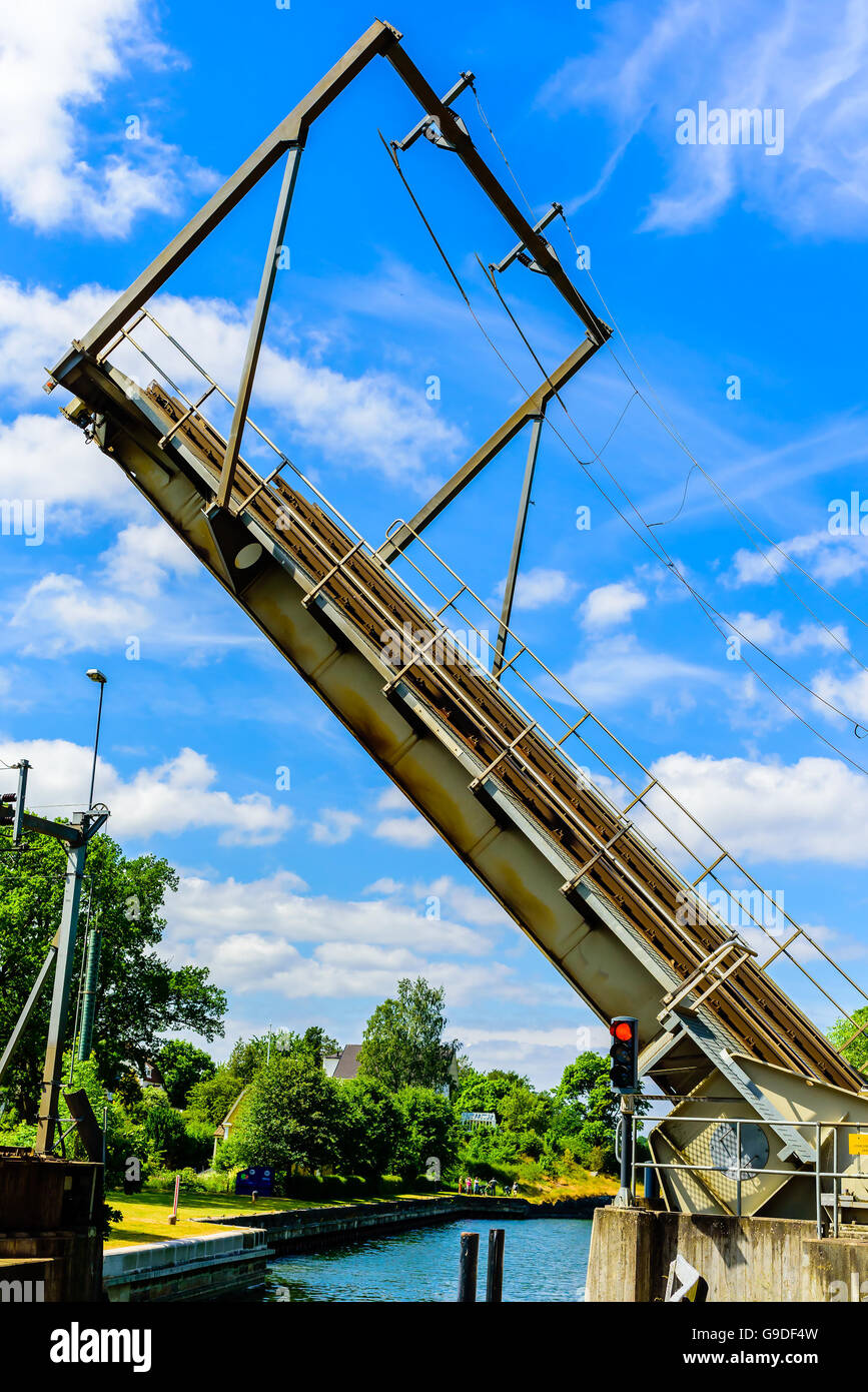 Double track railway bascule bridge or drawbridge opening or closing ...