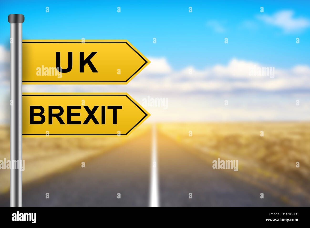 brexit or british exit words on yellow road sign with blurred ...