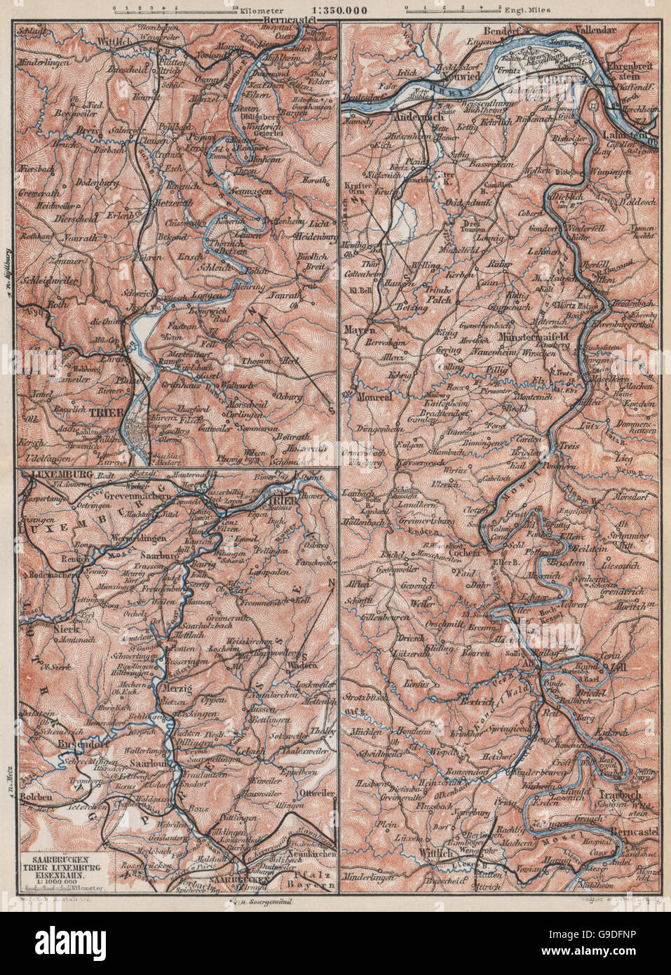 MOSEL EISENBAHN. Luxemburg/Saarbrucken-Trier-Koblenz karte. BAEDEKER ...