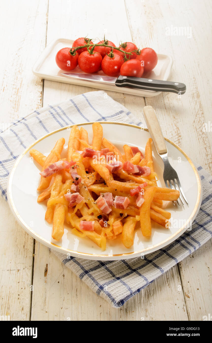 smoked bacon cubes and golden brown french fries with melted cheese on ...