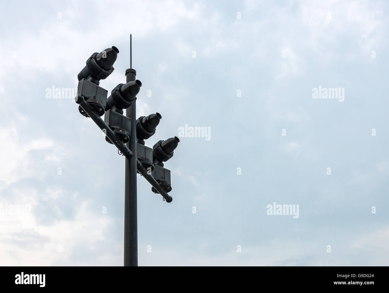 Laser projector pole for light and sound show near the bay Stock Photo ...