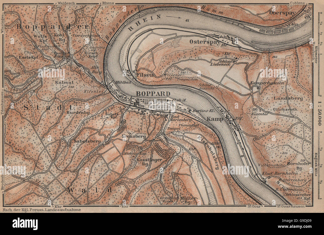 BOPPARD & OSTERSPAI. Filsen. Oberes Mittelrheintal. Rhine Gorge karte ...