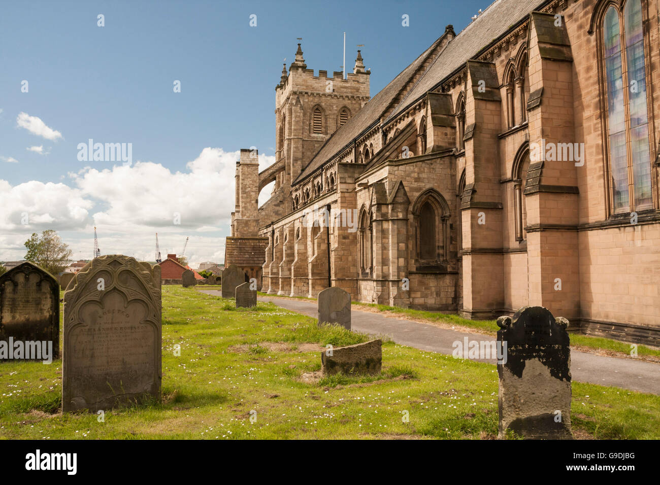 A scenic view of St.Hilda's church at Hartlepool,England showing blue ...