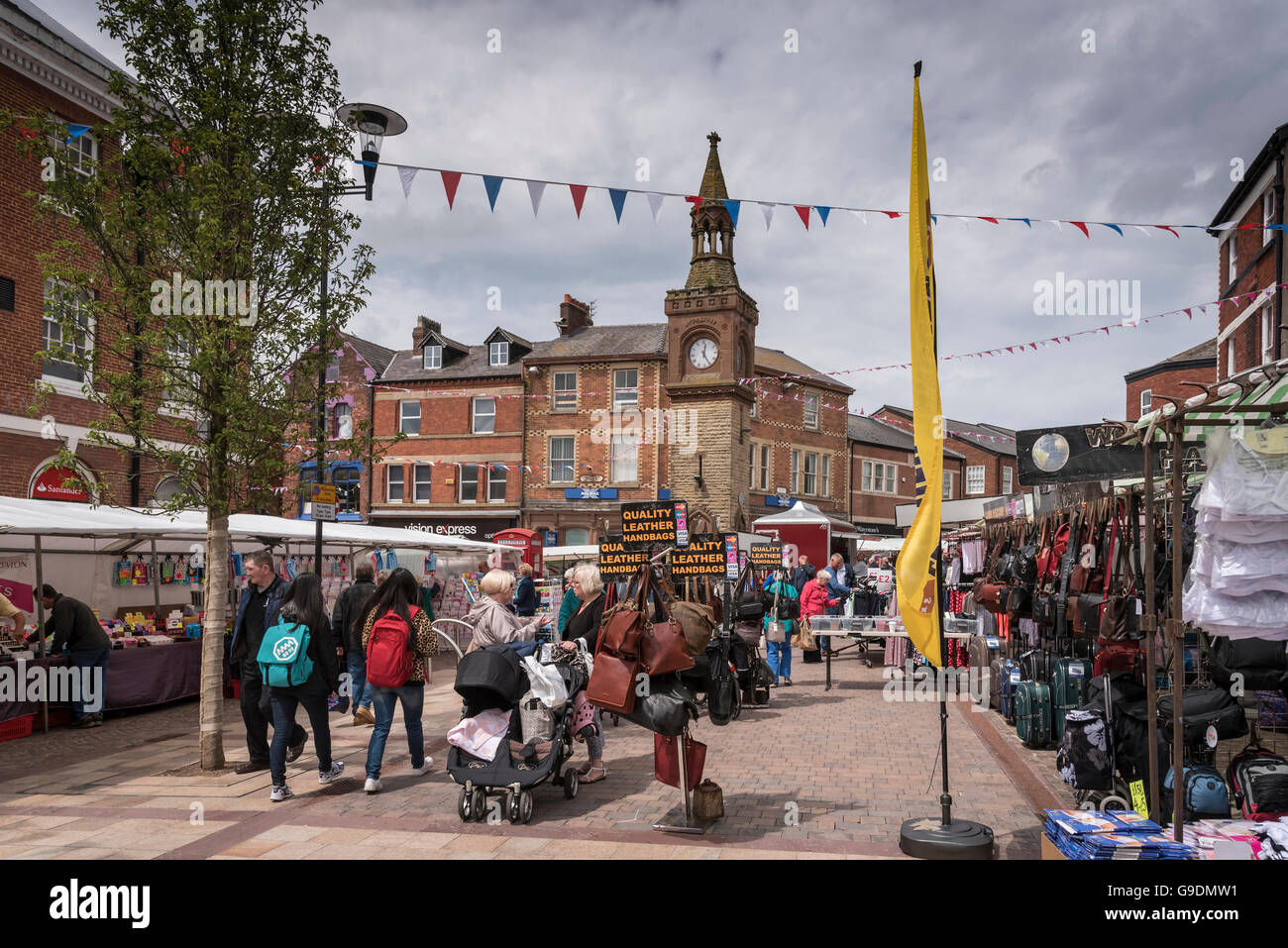 Typical English street market scene in Ormskirk. Lancashire. North West ...