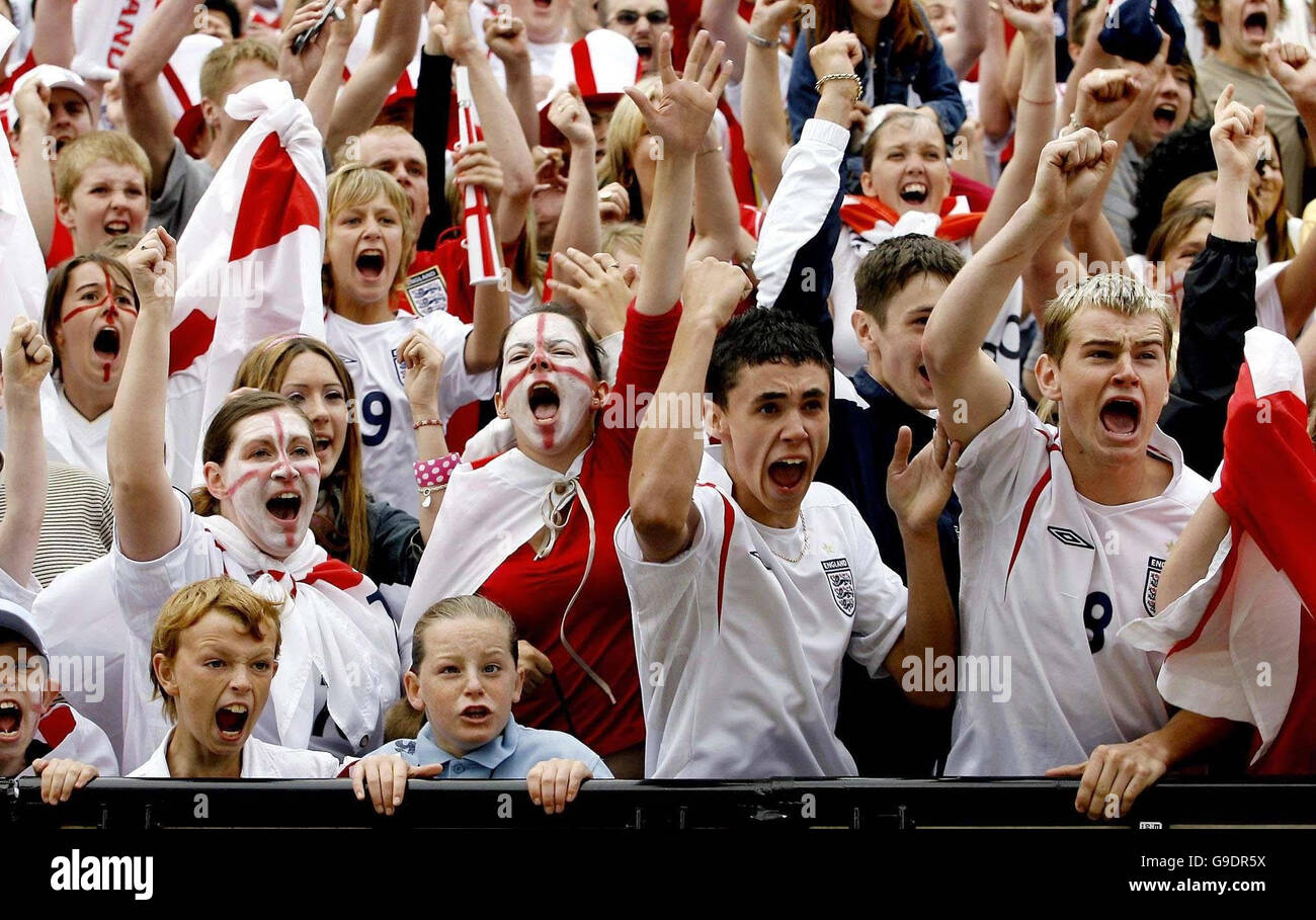 England football fans in the City square in Leeds, celebrate after ...