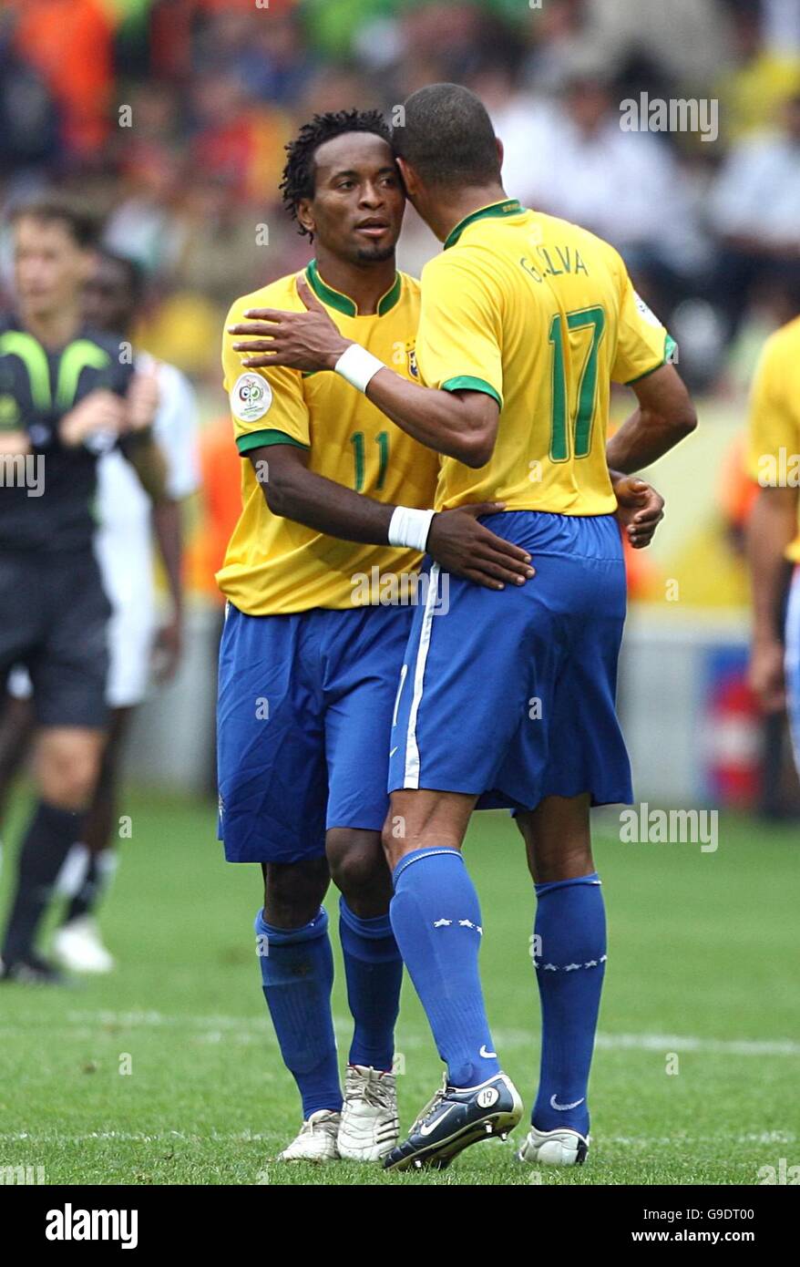 Brazils jose ze roberto celebrates his goal with gilberto silva hi-res ...