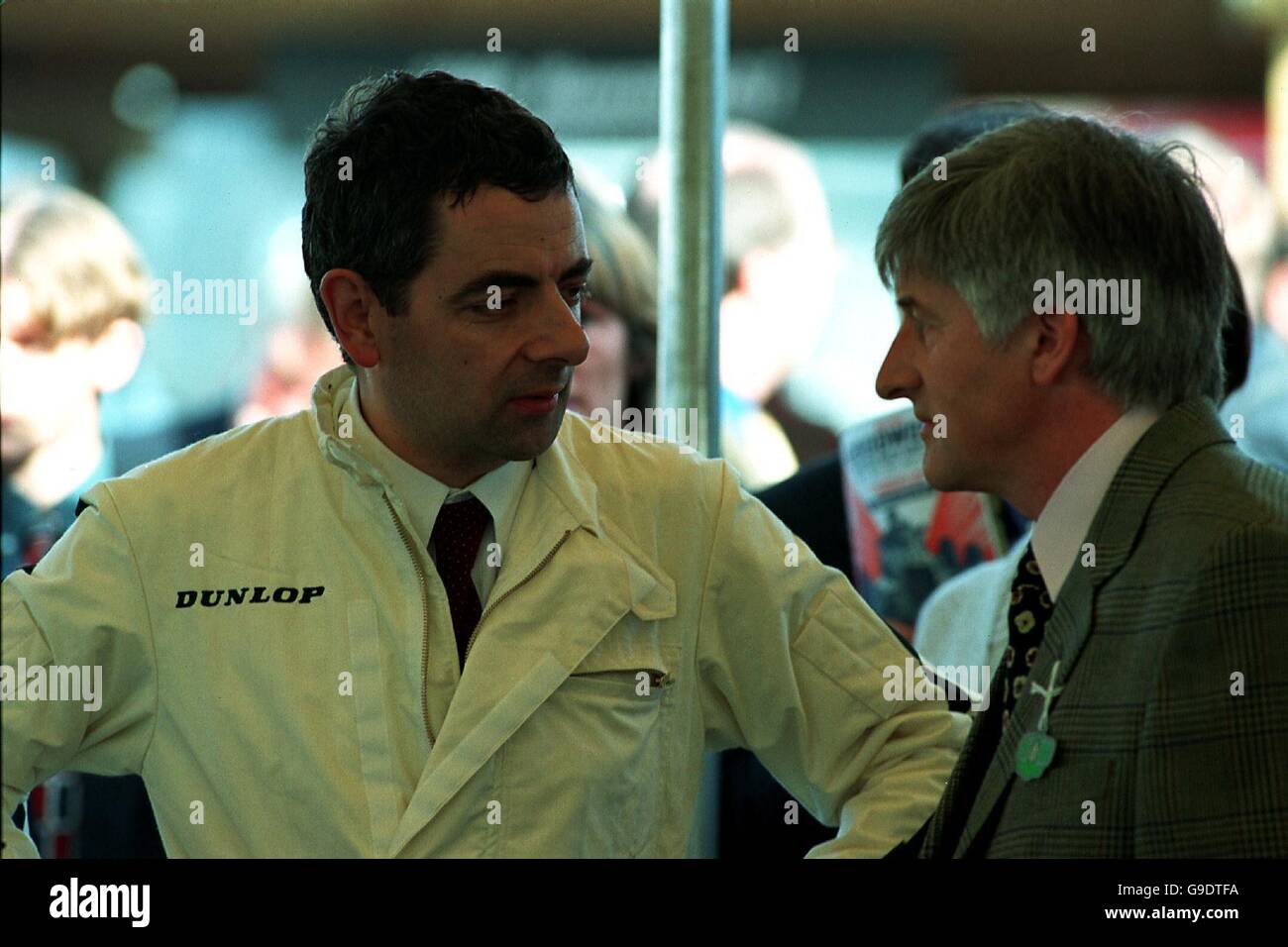 Comedian and actor rowan atkinson in racing overalls hi-res stock ...