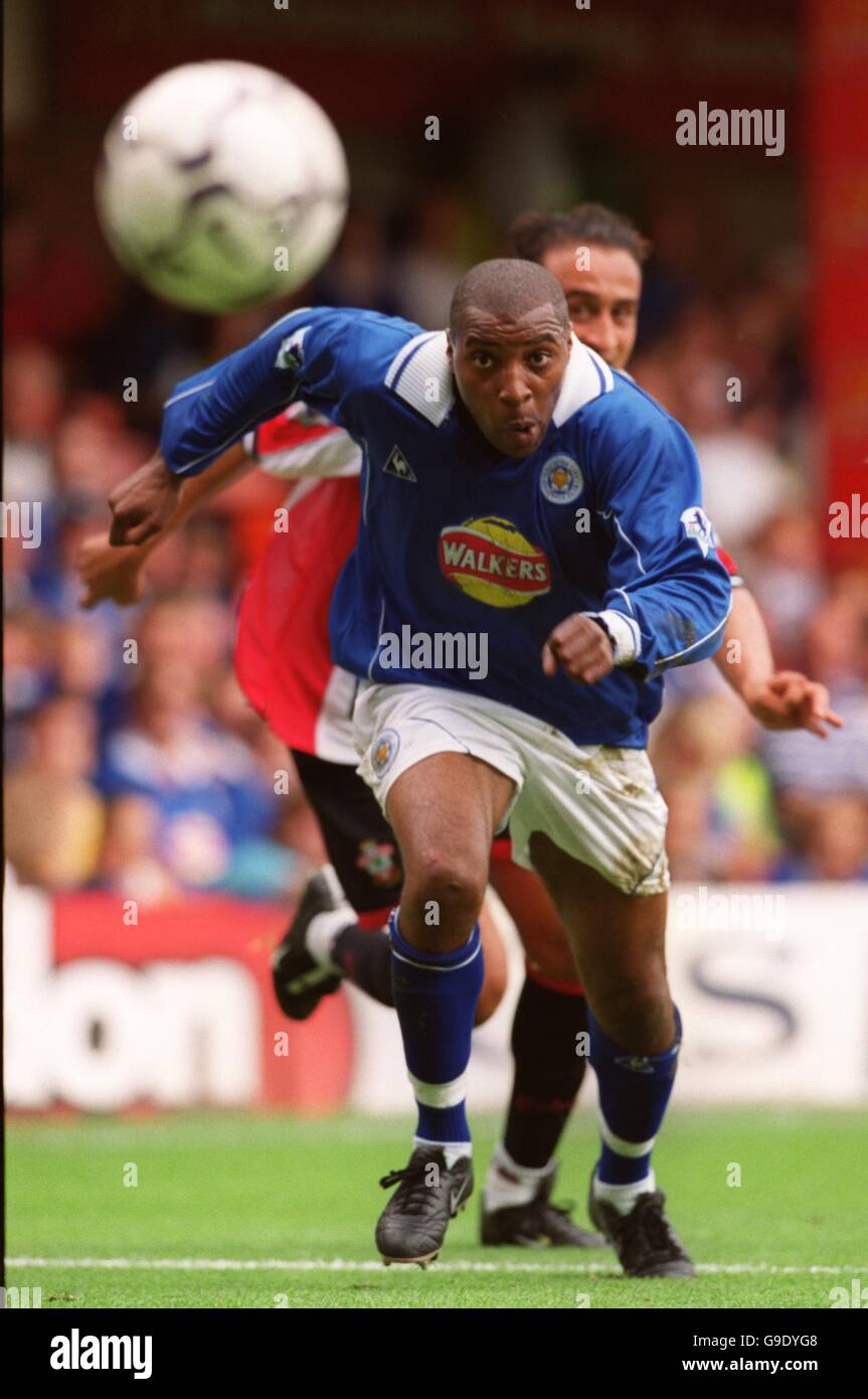 Leicester citys andy impey charges after a ball hi-res stock ...