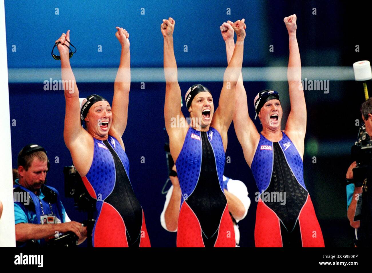 The USA's Amy van Dyken, Dara Torres and Courtney Shealy celebrate ...