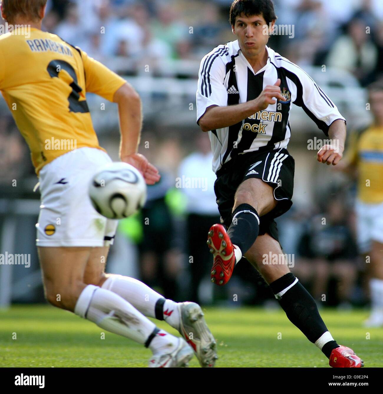 Newcastle's Albert Luque (right) scores during the Intertoto Cup third ...