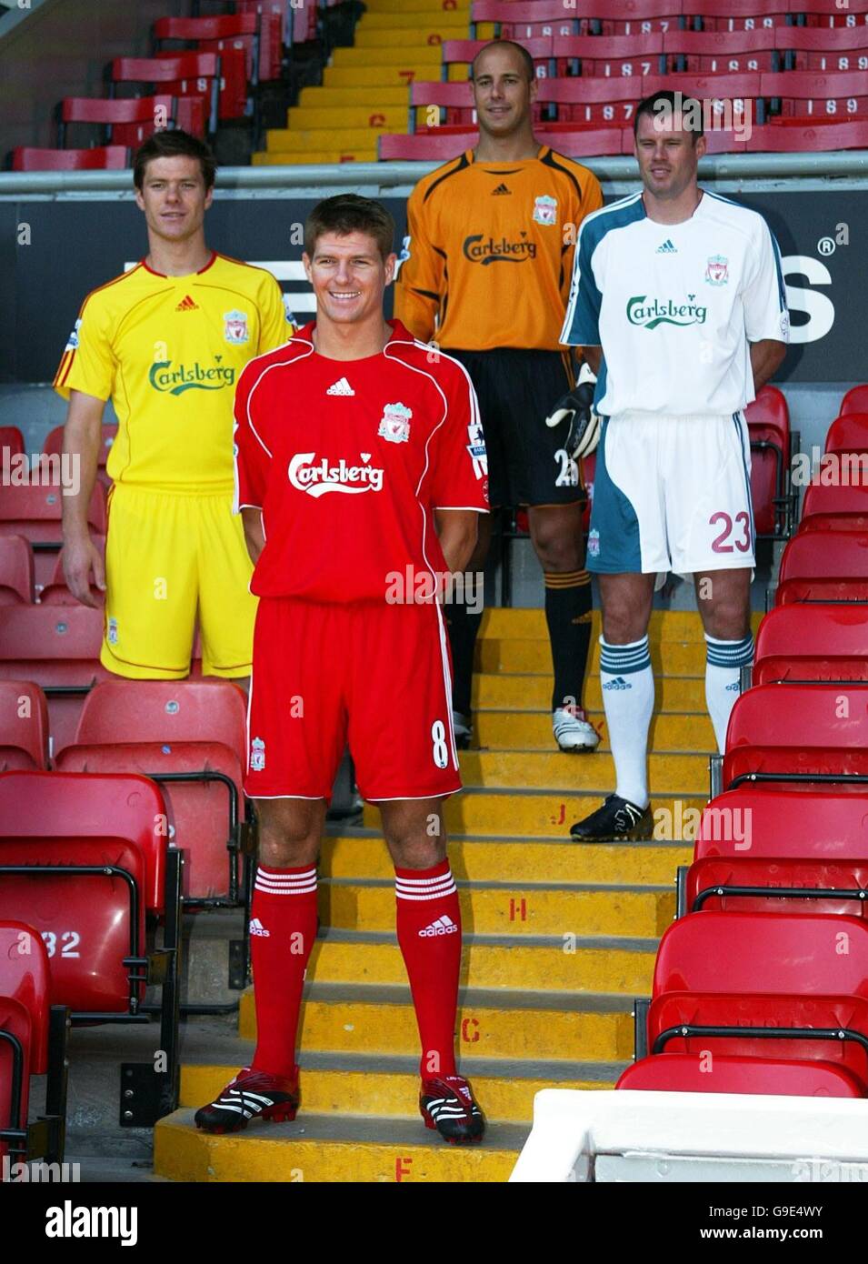 Liverpool's Xabi Alonso (left to right), Steven Gerrard, Jose Reina and ...