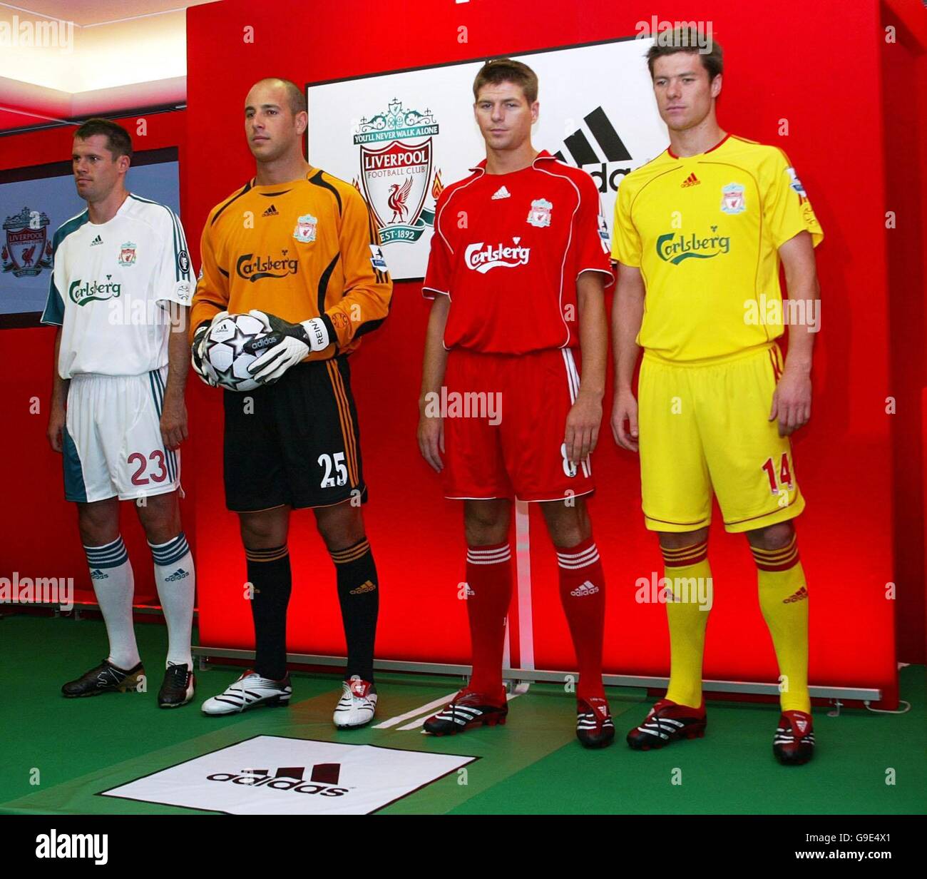 Liverpool's (left to right) Jamie Carragher, Jose Reina, Steven Gerrard ...