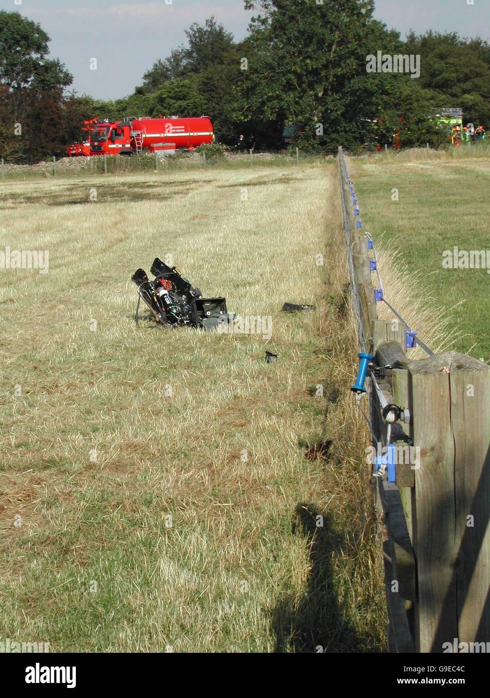 A fire engine arrives to the wreckage of a RAF Harrier GR9 jump jet on ...