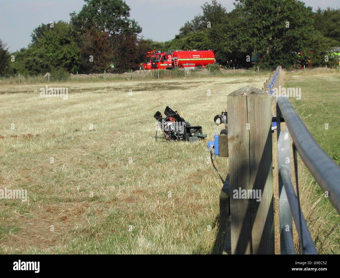 A fire engine arrives to the wreckage of a RAF Harrier GR9 jump jet on ...