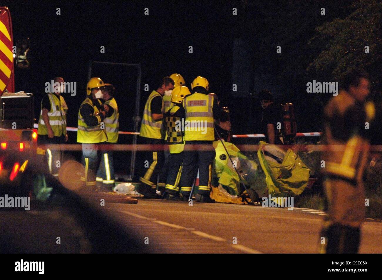 Firefighters at the wreckage of a crashed RAF Harrier GR9 jump jet on ...