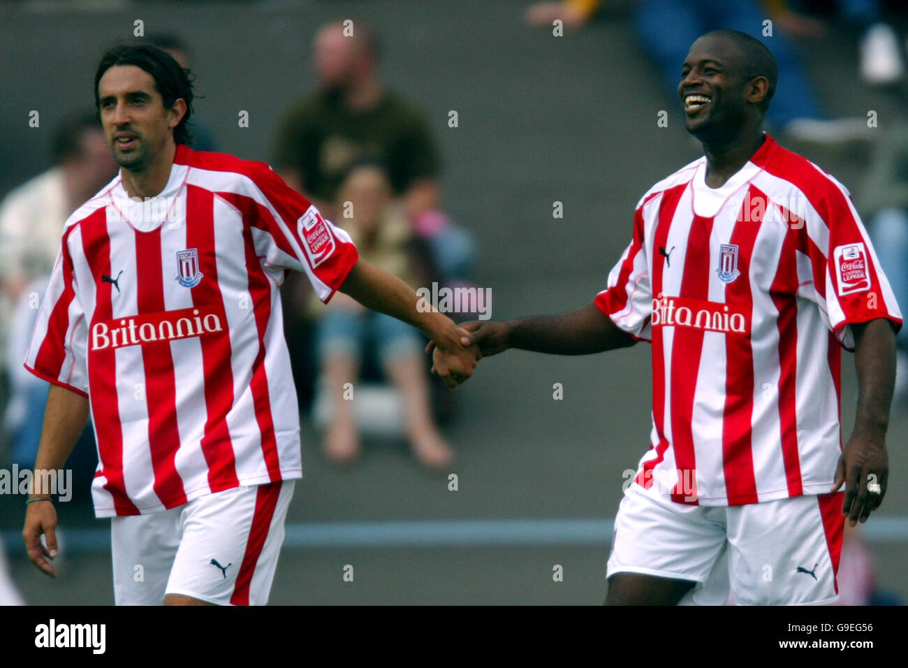 Stoke City's Nathan Blake celebrates scoring with Peter Kopteff Stock ...