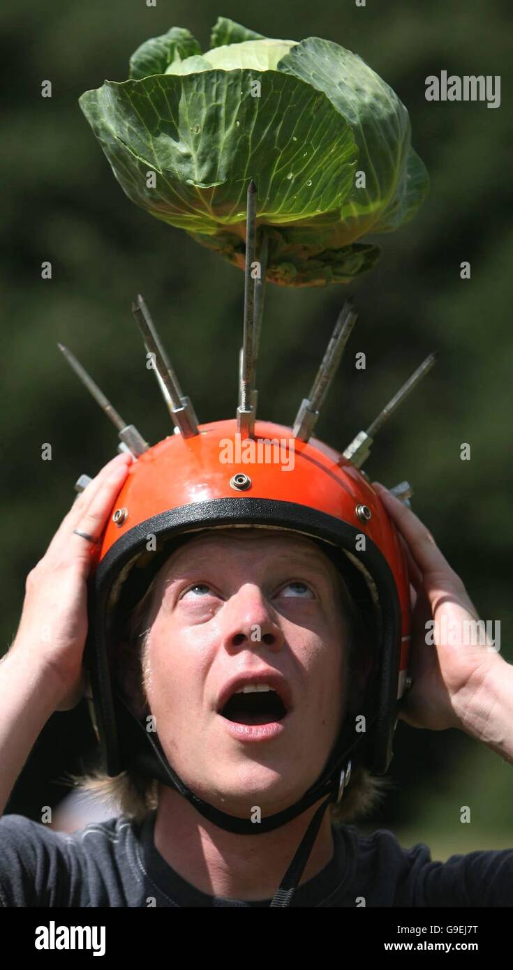 Canadian comic Mike Woods catches a cabbage flung from a catapult at ...