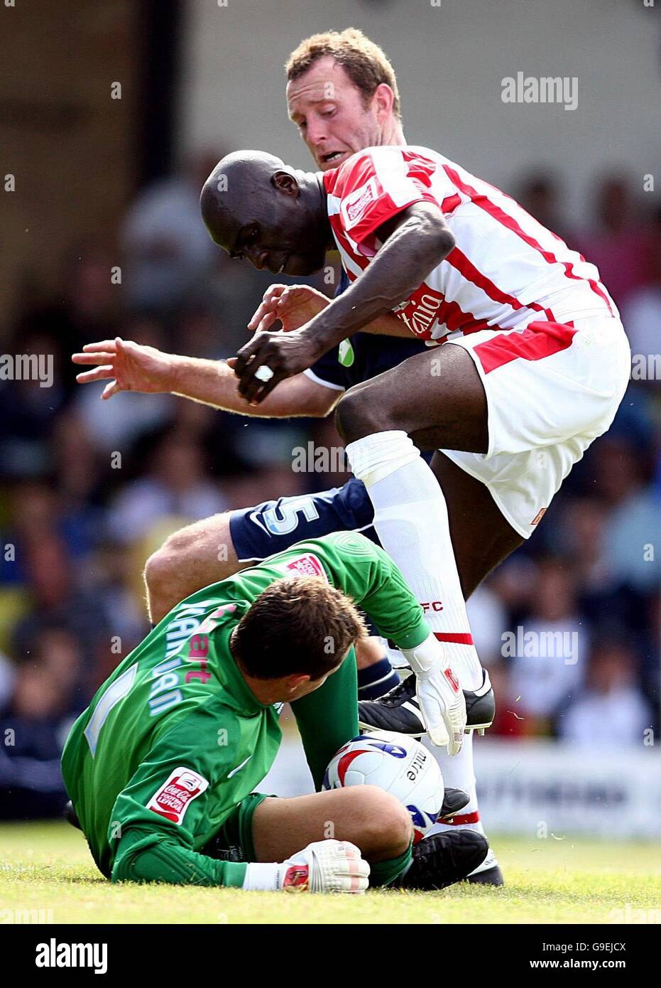 Southend's goal keeper Darryl Flahavan saves at the feet of Stoke's ...