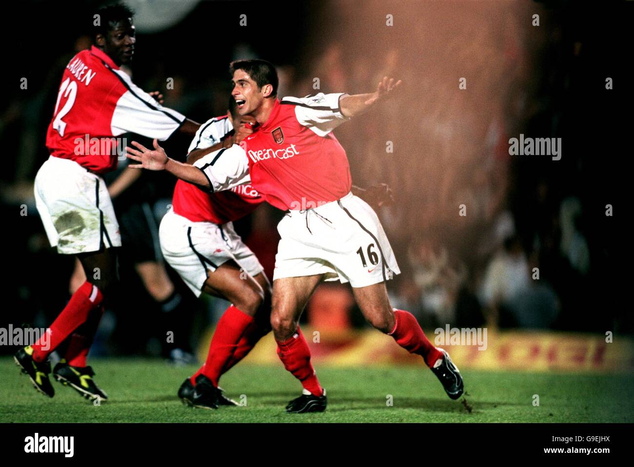 Arsenal's Lauren (l) congratulates Silvinho (r) after Silvinho scored ...