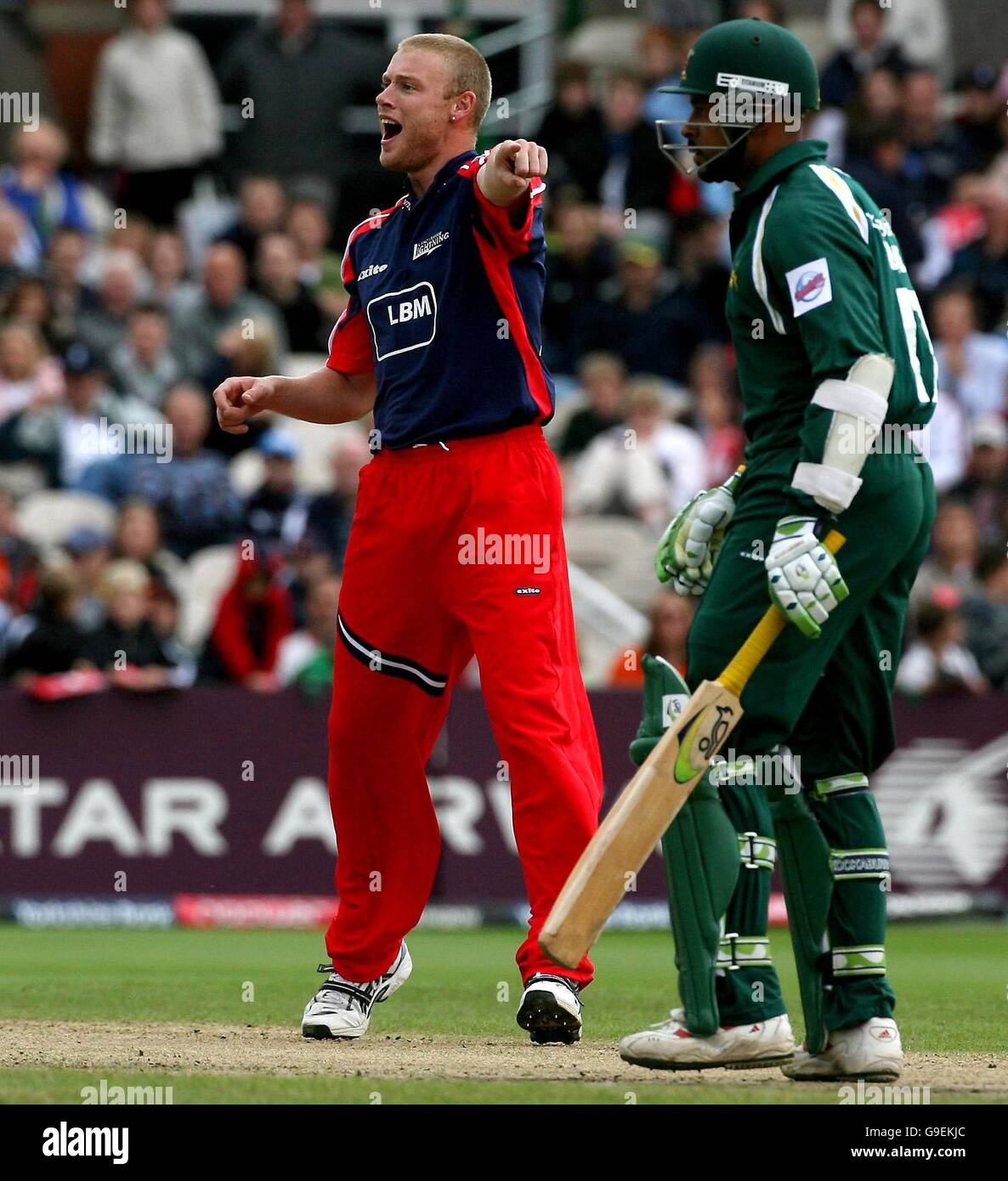 Lancashire's Andrew Flintoff sucessfully appeals for the wicket ...
