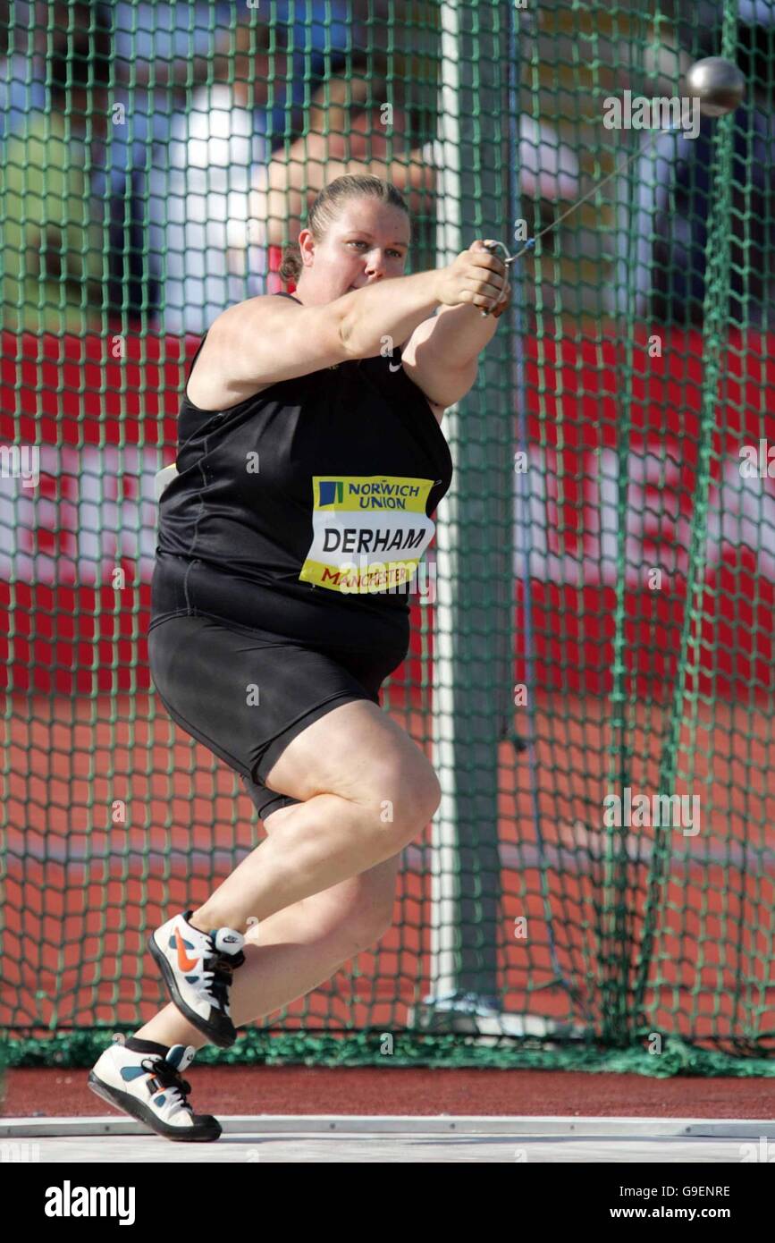 Zoe Derham competes in the Womens Hammer Throw during the Norwich Union ...