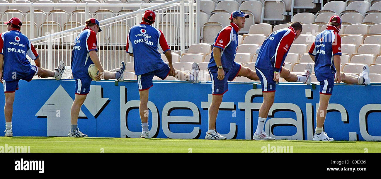 England players stretch during a practice session at Old Trafford ...