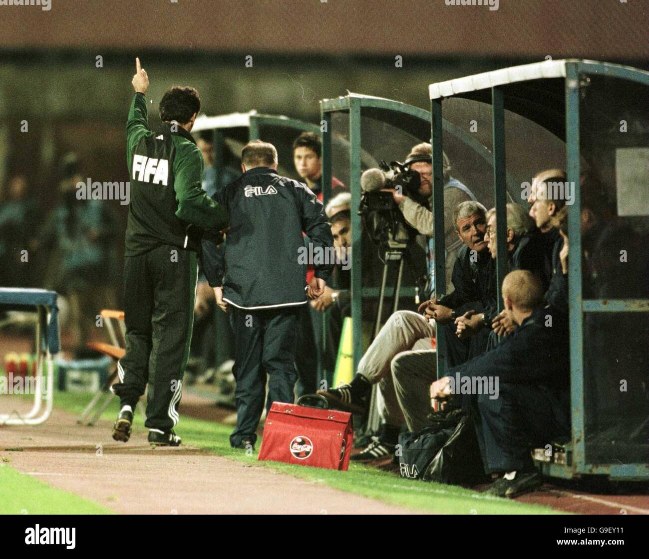 Scotland manager Craig Brown (second l) is sent off by the fourth ...