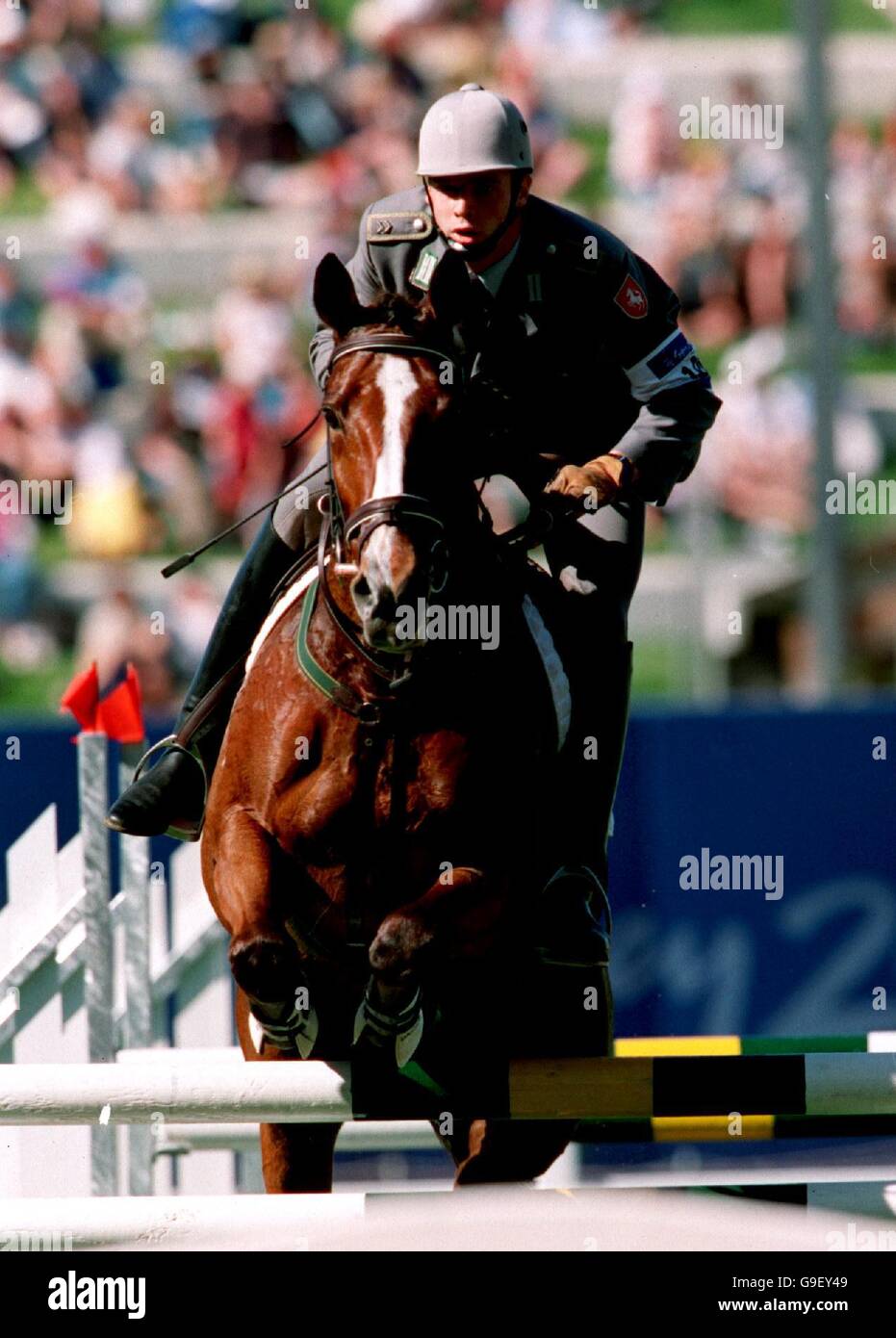 Sydney 2000 Olympic Games - Men's Modern Pentathlon. Germany's Eric Walther jumps a fence Stock ...