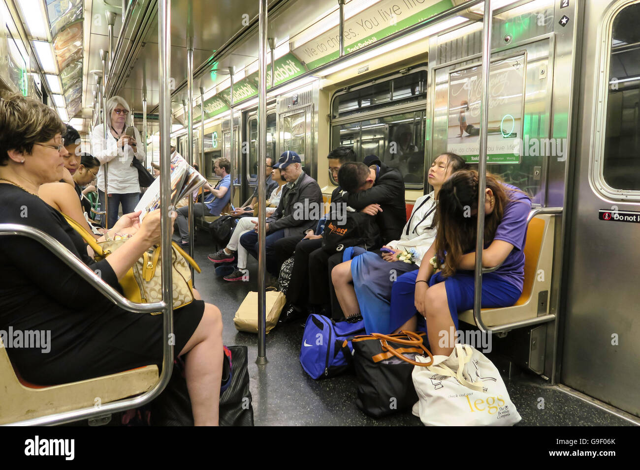 Wedding party of Young Adults Sleeping on Subway during Morning Rush ...