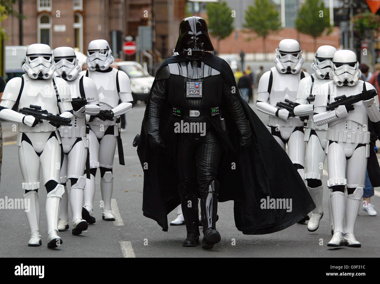 Darth Vader and his Storm Troopers head into the town center during the ...