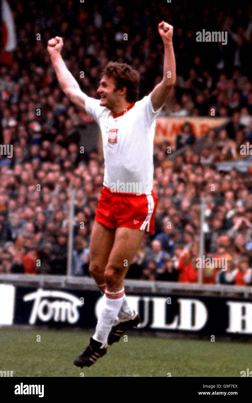 Poland's Wlodzimierz Lubanski celebrates scoring one of his two goals ...