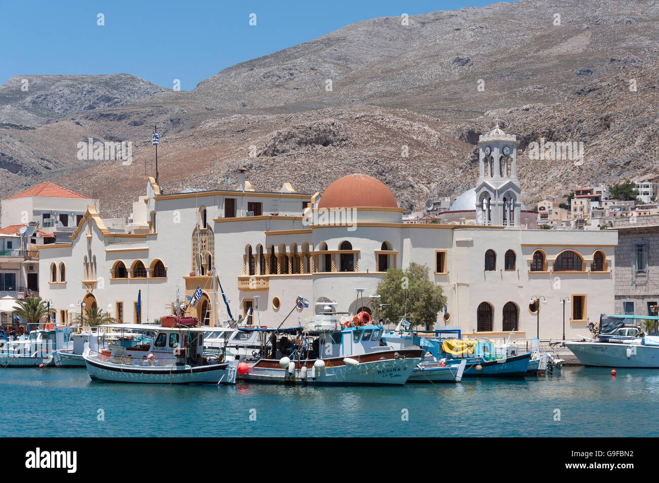 Harbour view showing Town & Prefecture Hall, Pothia (Pothaia), Kalymnos ...