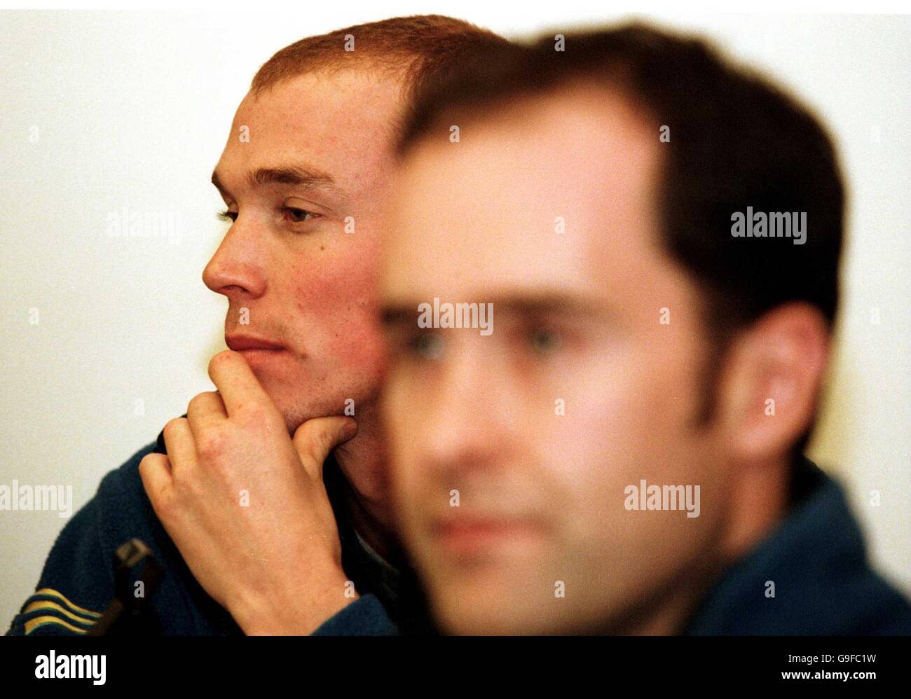 A thoughtfull Richard Burns and co driver Robert Reid in the press ...