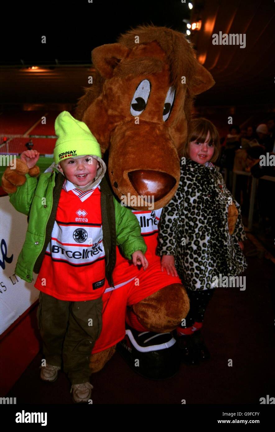 Young middlesbrough fans with mascot roary the lion hi-res stock ...