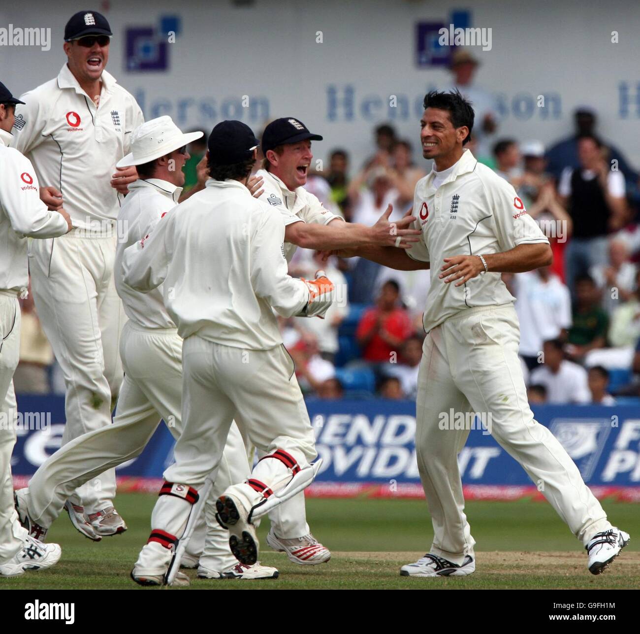 England bowler Sajid Mahmood (right) celebrates taking his 2nd wicket ...