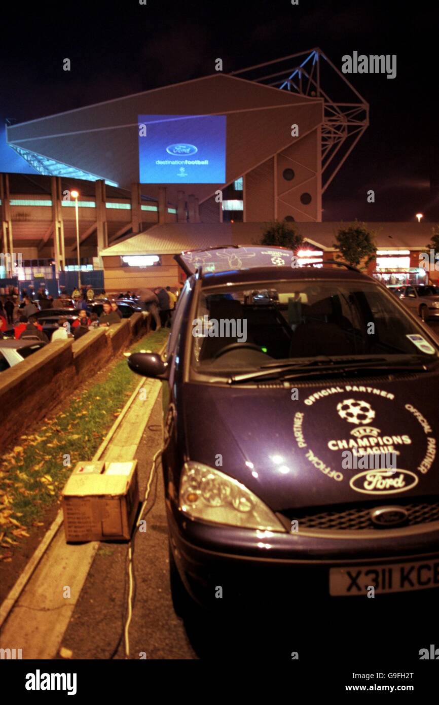The Ford logo is projected onto the side of a stand at Elland Road ...