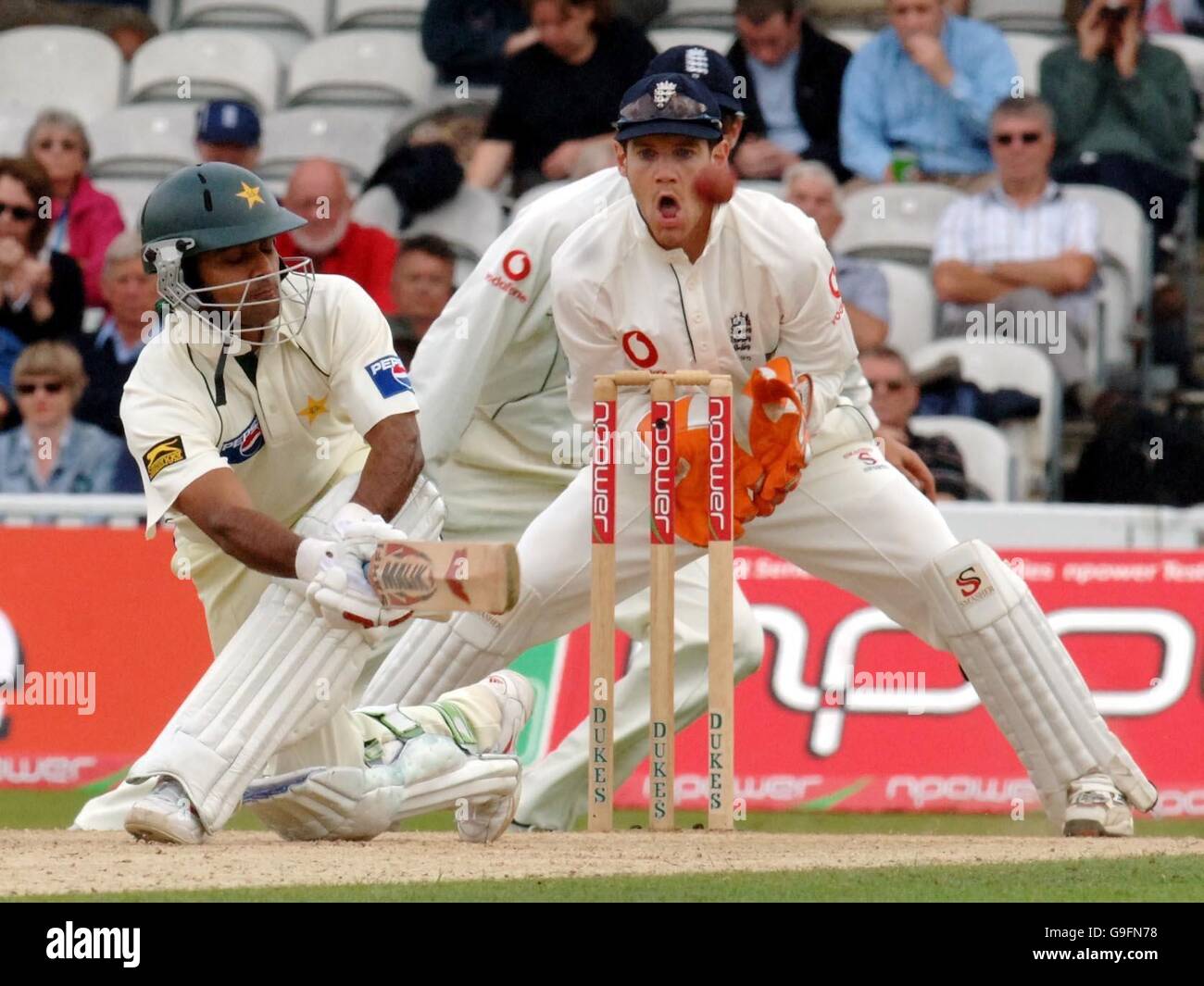 Pakistan batsman Mohammad Hafeez sweeps away a ball as England Wicket ...