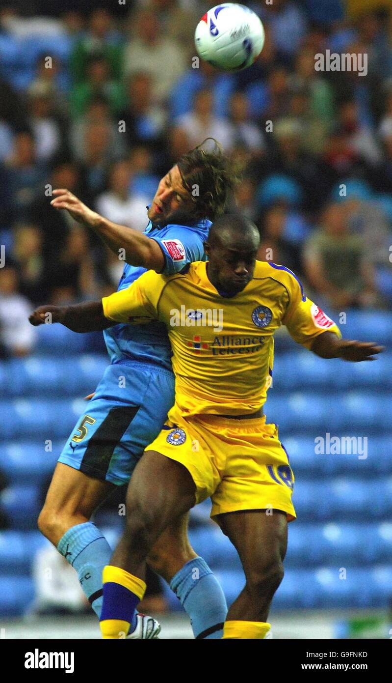 Coventry's Elliott Ward challenges Leicester's Elvis Hammond during the ...