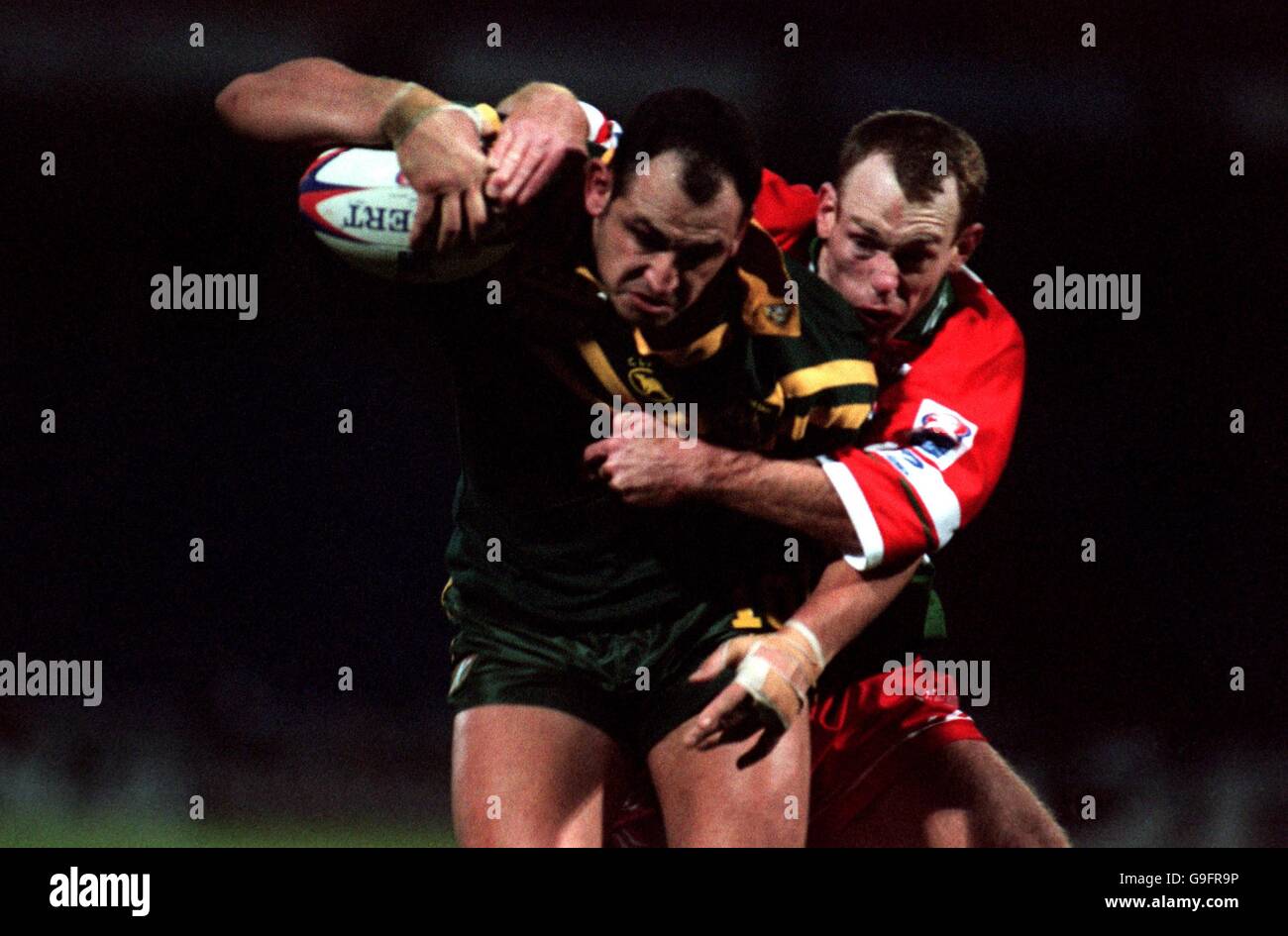 Australia's Bryan Fletcher charges towards the Welsh line Stock Photo ...