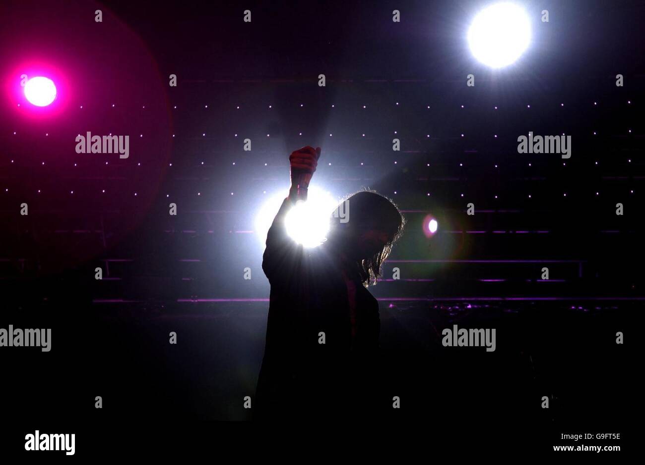 Bobby Gillespie from Primal Scream performing at the NME/Radio 1 Stage ...
