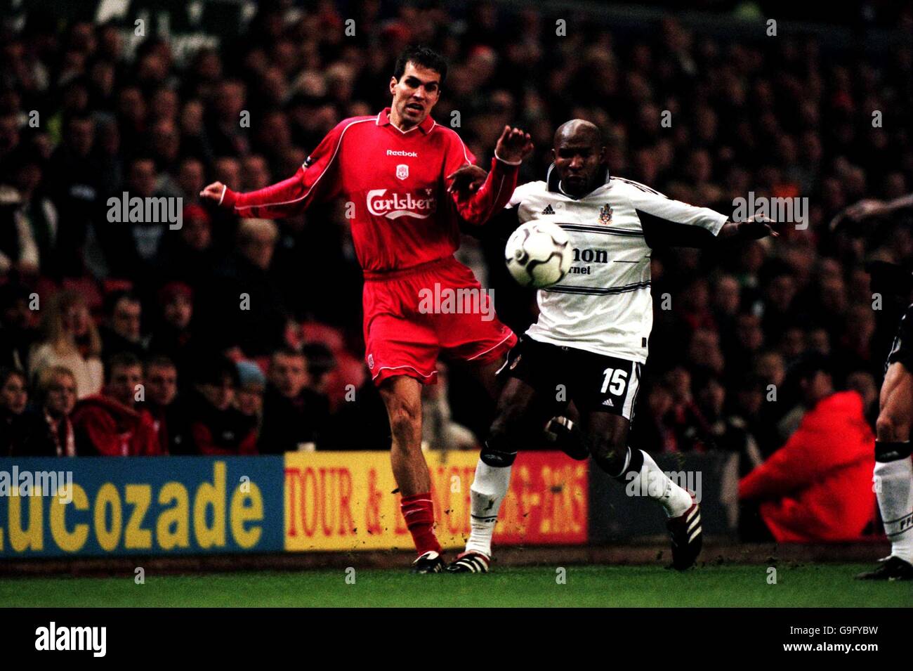 (L-R) Liverpool's Markus Babbel battles for possession of the ball with ...