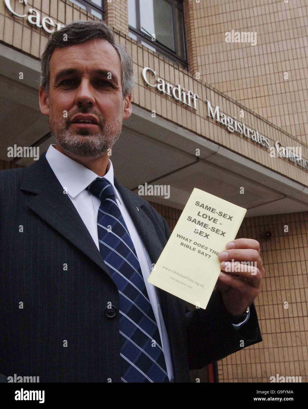 Stephen Green, National Director of Christian Voice outside Cardiff ...