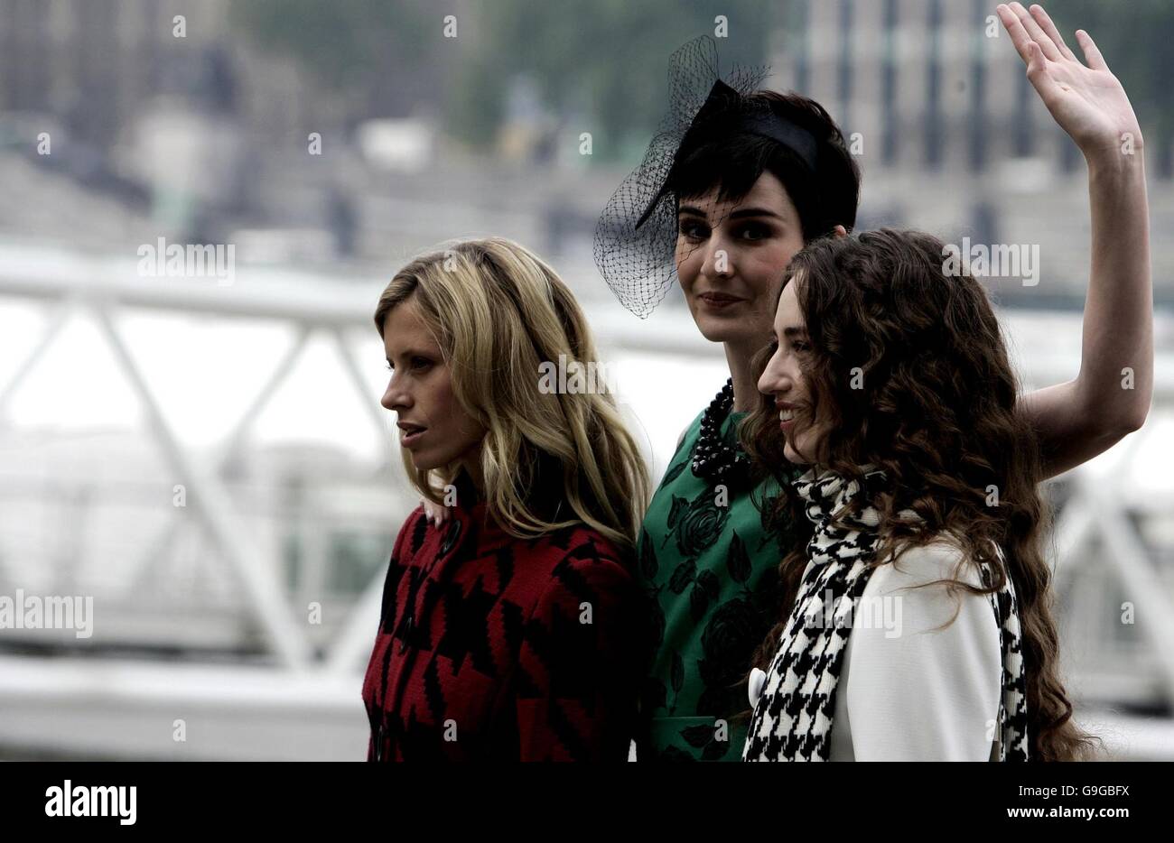 Models (left to right) Laura Bailey, Erin O'Connor and Elizabeth Jagger ...
